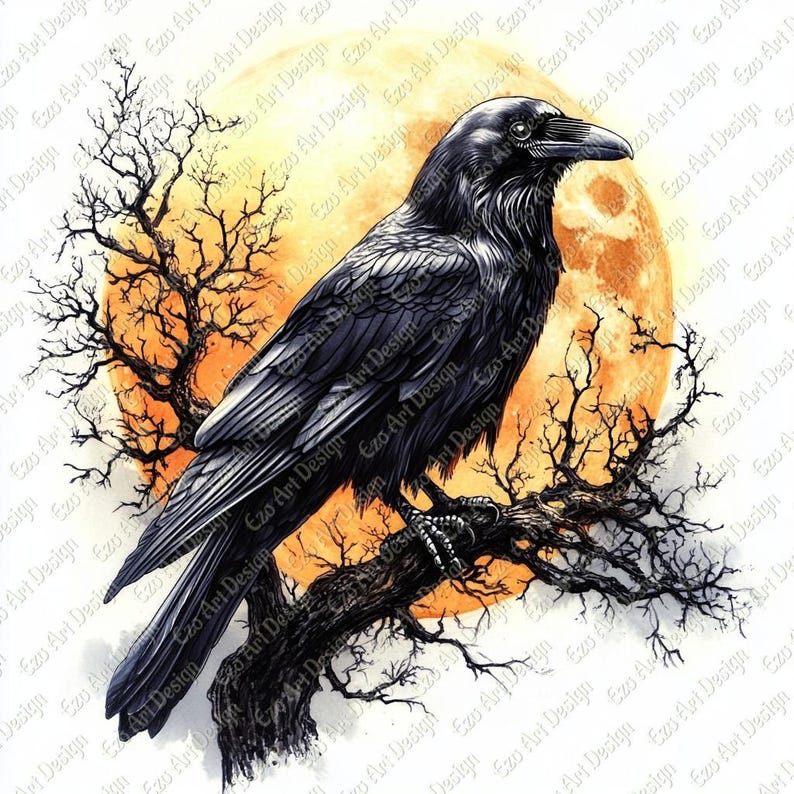 Raven Moon Clipart, Spooky Halloween Night Scene, Mystical AI Artwork ...