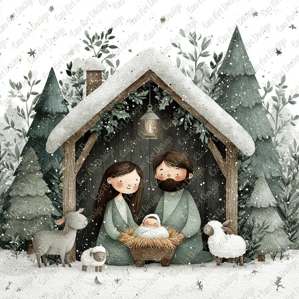 Whimsical Nativity Scene Clipart, Holy Family Watercolor, Christmas JPG ...