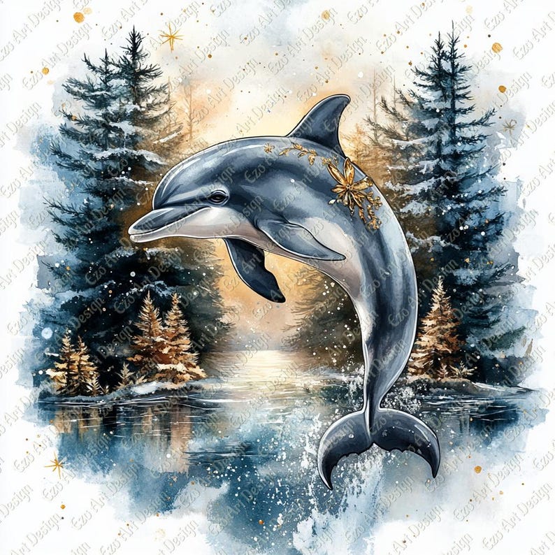 Christmas Dolphin Clipart, Winter Wonderland JPG Art (digital Download ...