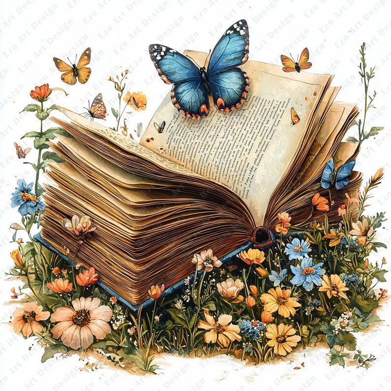 Floral Book Clipart, 10 High Quality JPG, Butterfly Book, Wildflowers ...