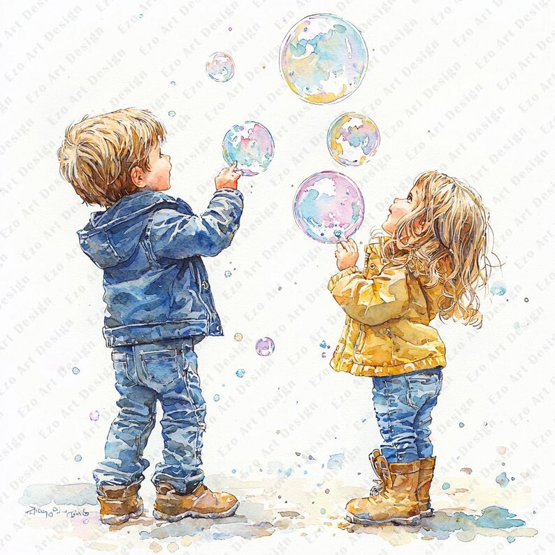Kids Blowing Bubbles Clipart, Happy Children Watercolor Art JPG for ...