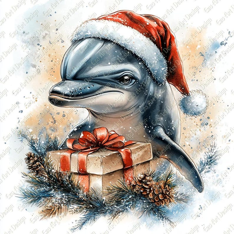 Christmas Dolphin Clipart, Winter Wonderland JPG Art (digital Download ...