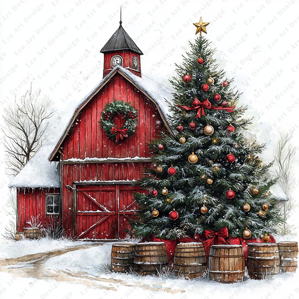 Christmas Farmhouse Clipart, Snowy Barn Scene (digital Download) - Etsy