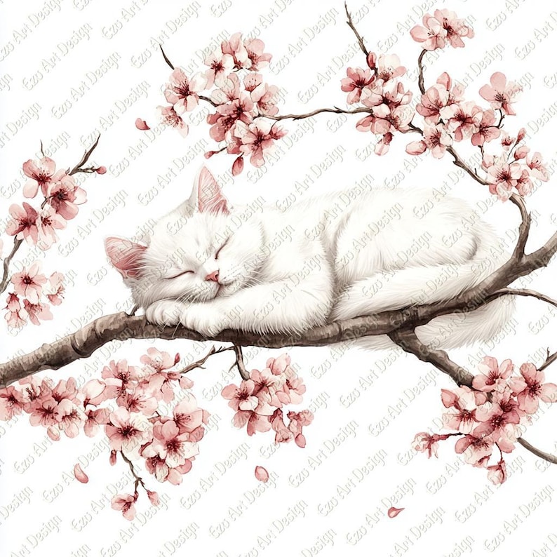 Cherry Blossom Cat Clipart, Watercolor Sleeping Kitten, Sakura Flowers ...