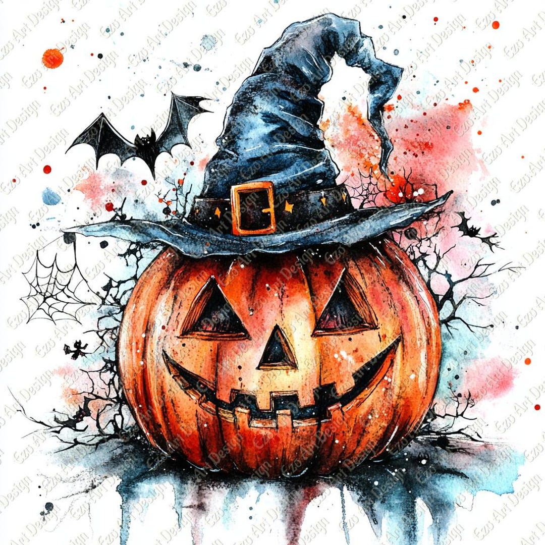 Watercolor Jack O Lantern Clipart, Spooky Halloween PNG, Witch Hat ...
