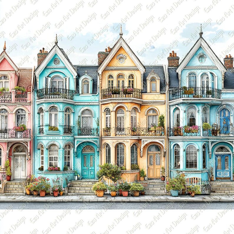 Quirky Houses Clipart - Vintage Charm With Scandinavian Flair - Etsy