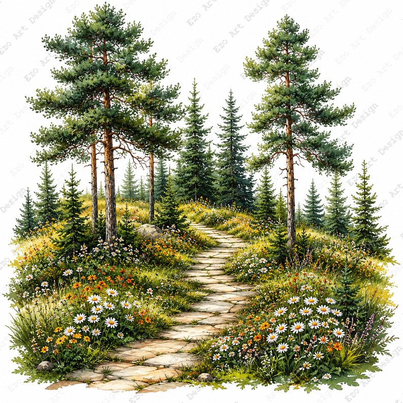 Garden Path Clipart, Watercolor Nature Stone Trail Landscape Art ...