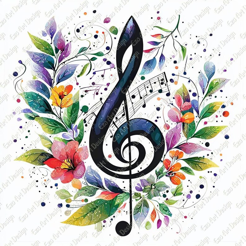 Floral Music Note Clipart, 10 High Quality JPG, Melody Symbol, Musical ...