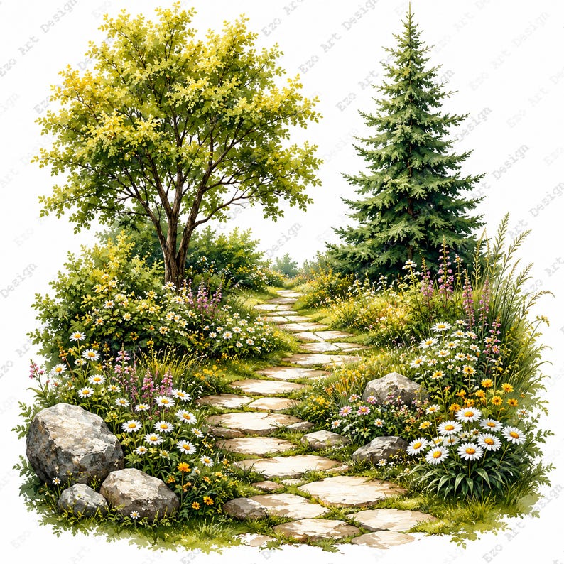 Garden Path Clipart, Watercolor Nature Stone Trail Landscape Art ...