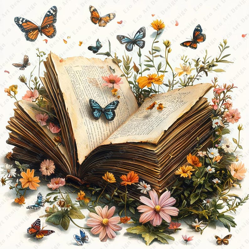 Floral Book Clipart, 10 High Quality JPG, Butterfly Book, Wildflowers ...