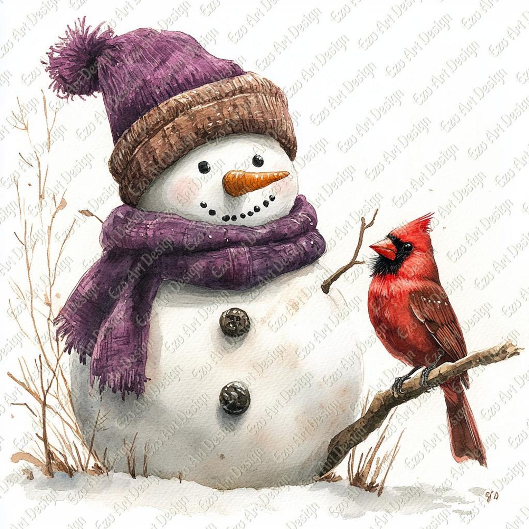 Watercolor Snowman and Cardinal Clipart, Winter Holiday Art (digital ...