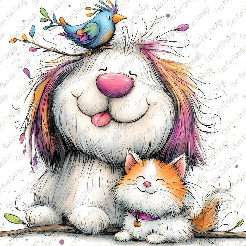 Quirky Dog and Cat Clipart, 10 High Quality JPG, Quirky Pals, Whimsical ...