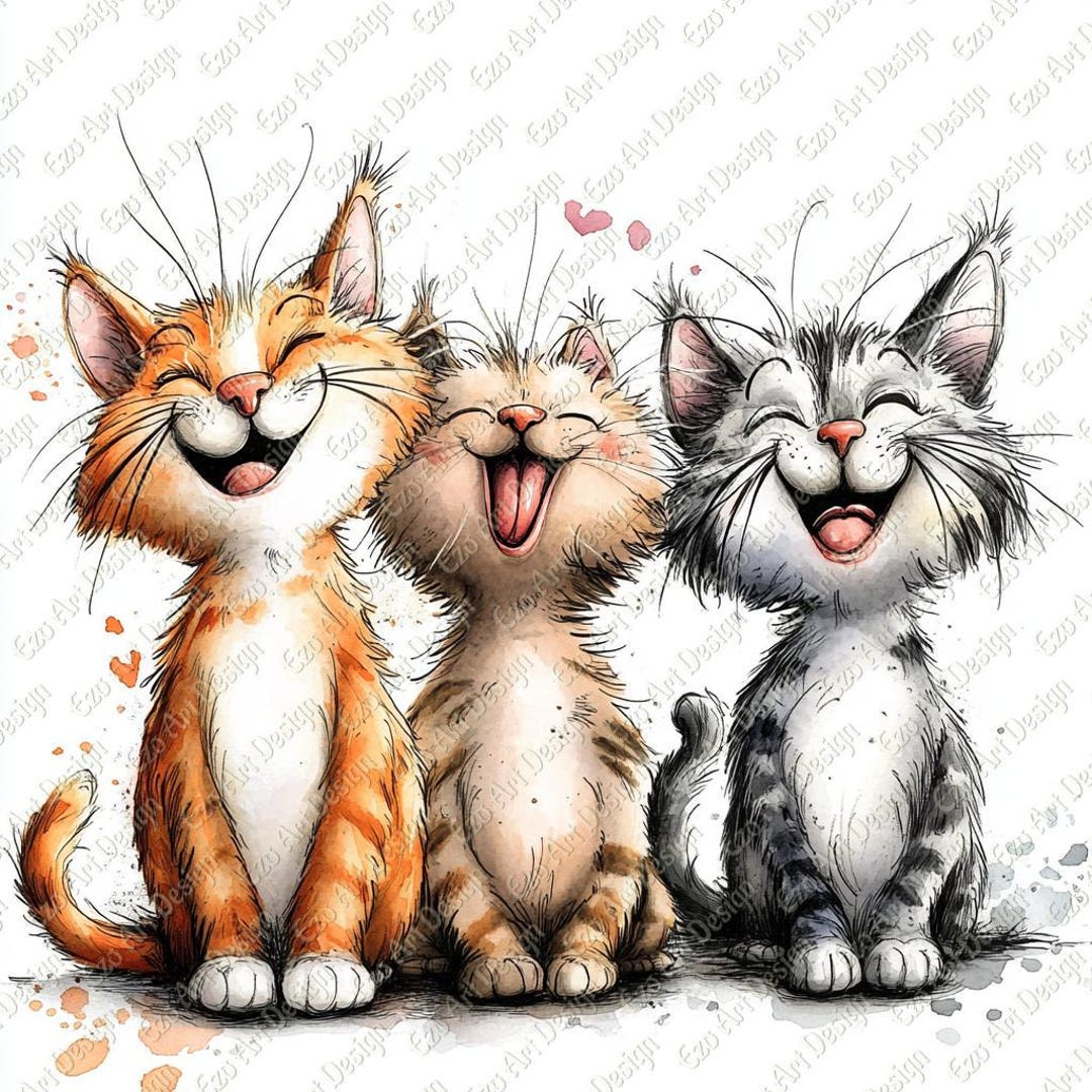 Cute Cat Squad Clipart, 10 High Quality JPG, Big Eyes Cats, Happy Cat ...