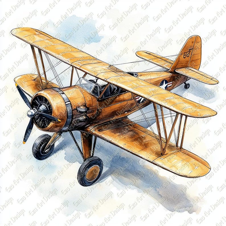 Watercolor Vintage Biplane Clipart, Retro Aviation Art (digital ...