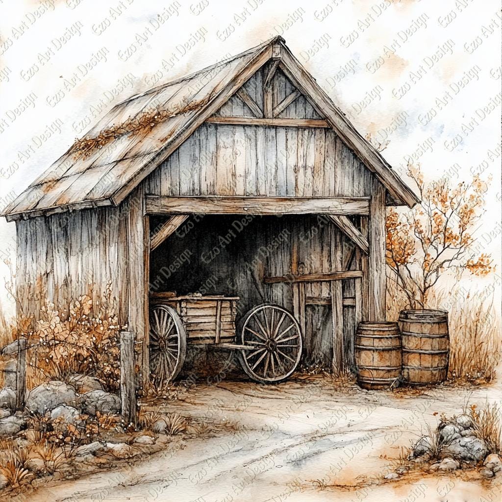 Farmhouse Wall Art, Rustic Barn Clipart Printable, Country Landscape ...