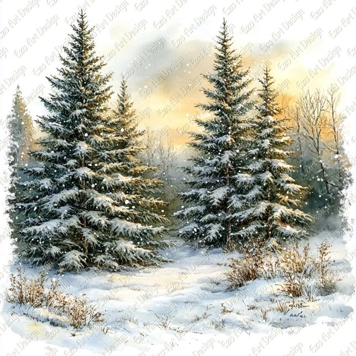 Winter Pine Forest Clipart, Snowy Trees, Frozen Landscape (digital ...