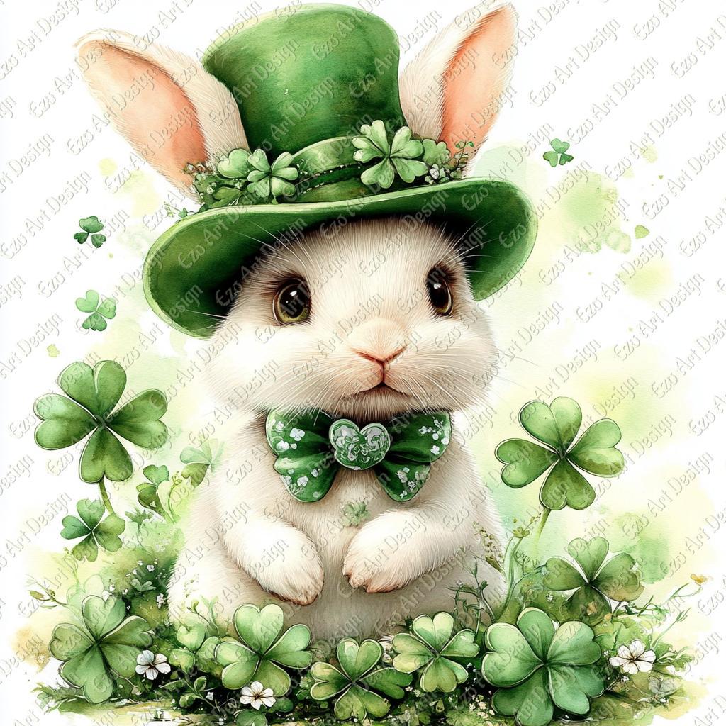 St. Patricks Day Bunny Clipart, Green Leprechaun Hat, Shamrocks ...