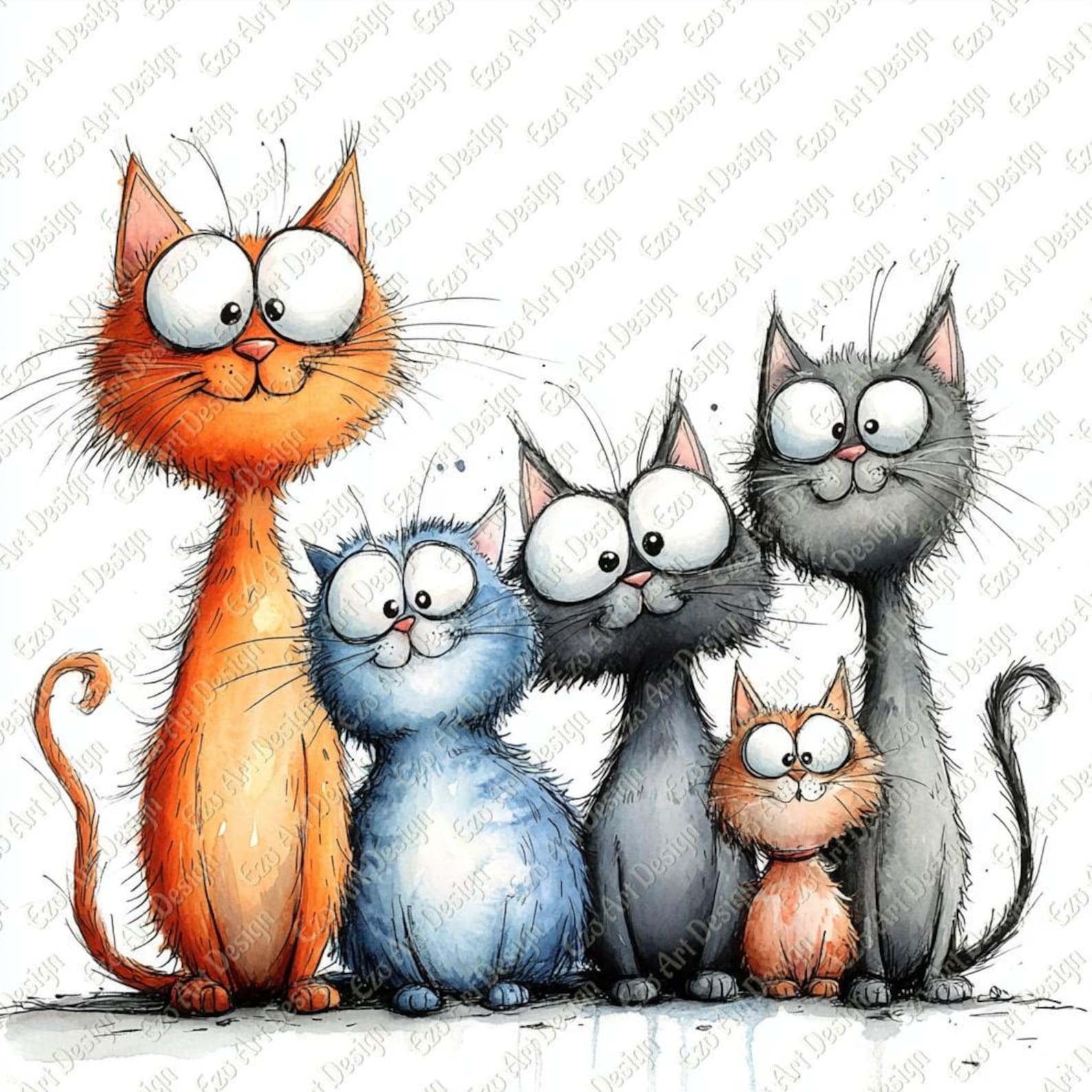 Cute Cat Squad Clipart, 10 High Quality JPG, Big Eyes Cats, Happy Cat ...