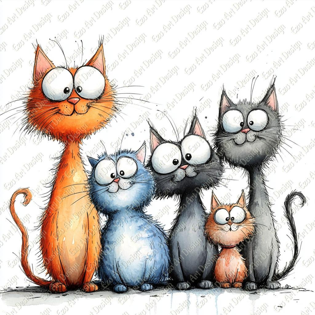 Cute Cat Squad Clipart, 10 High Quality JPG, Big Eyes Cats, Happy Cat ...