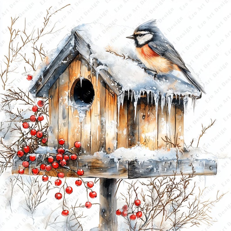 Tree Bird House Clipart, 10 High Quality JPG, Robin Bird, Winter Season ...