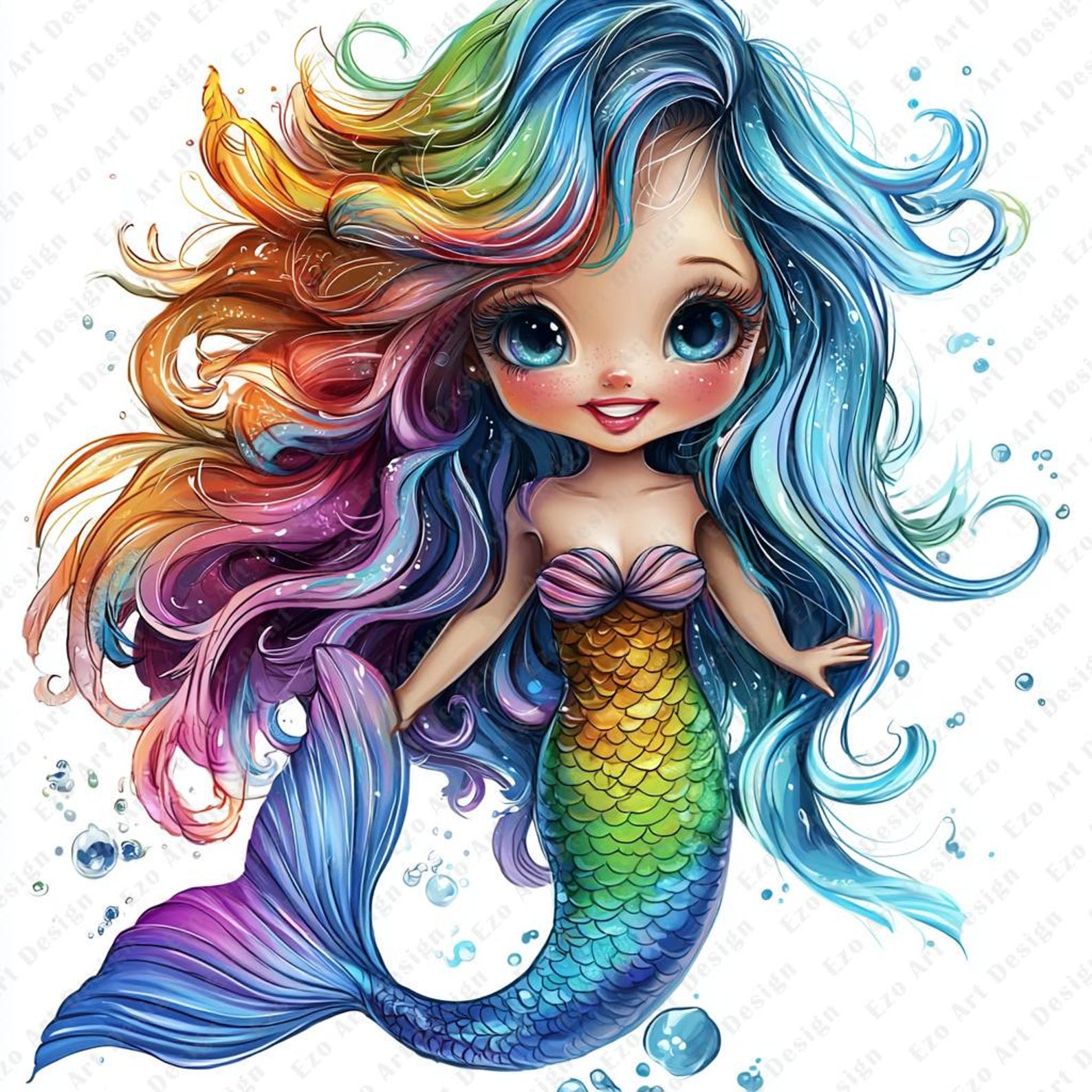 Cute Mermaid Clipart, 10 High Quality JPG, Adorable Mermaid, Sea Maiden ...