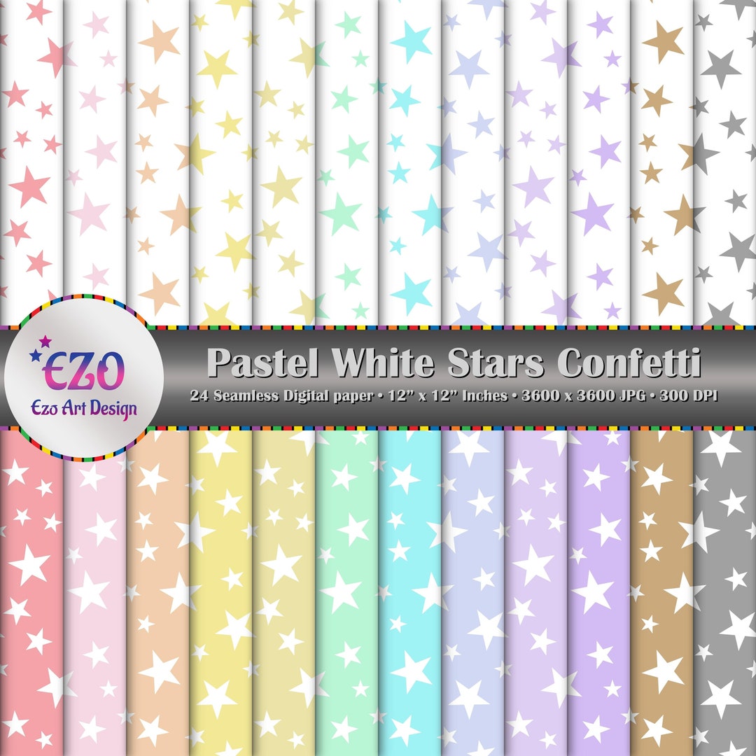 Pastel White Stars Confetti Digital Paper, 24 Paper, Scrapbook Paper ...