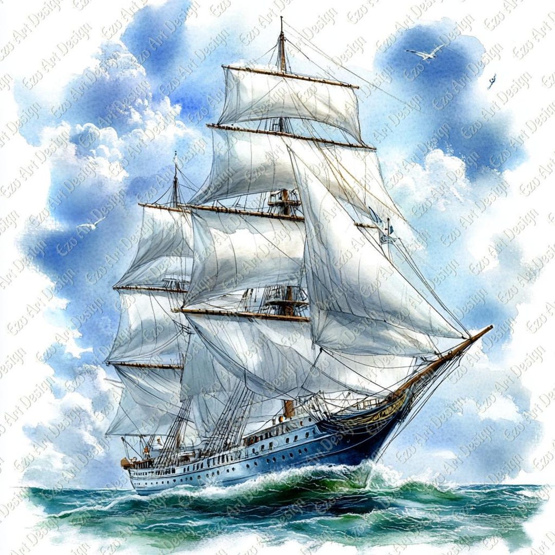 Clipper Ship Clipart, Ocean Voyage, White Sails (10 Jpgs) - Etsy