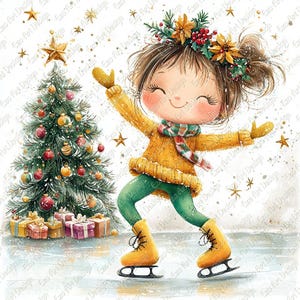 Christmas Skating Girl Clipart, Winter Pine Tree Art (digital Download ...