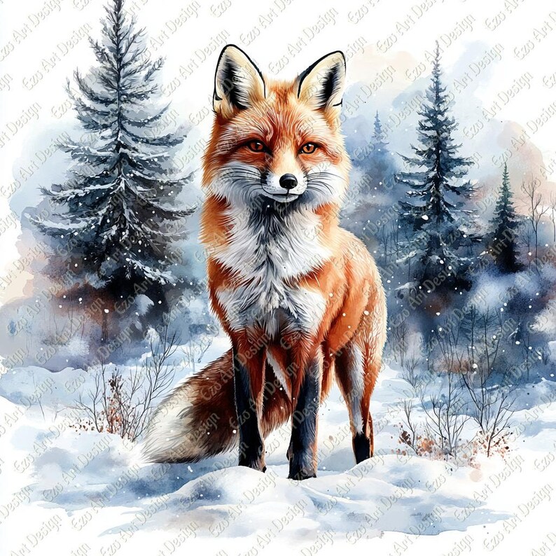 Winter Fox Clipart, Snowy Forest Scene (digital Download) - Etsy
