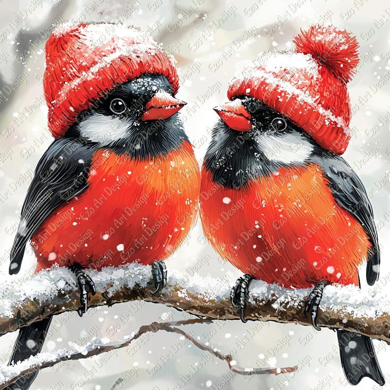 Christmas Bird Clipart, Red Hat, Winter Art (digital Download) - Etsy