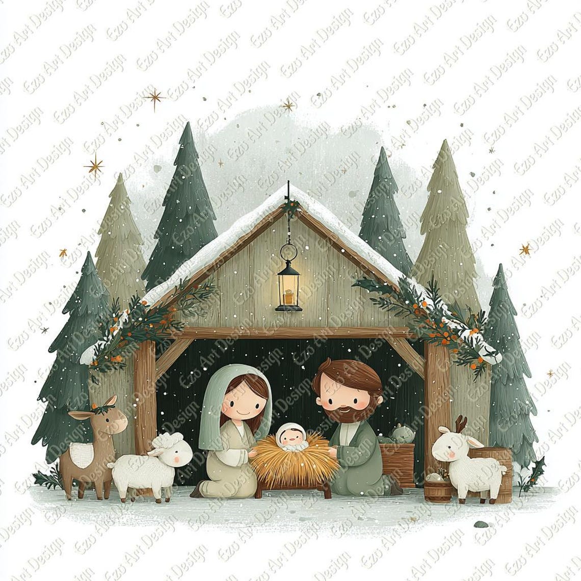 Whimsical Nativity Scene Clipart, Holy Family Watercolor, Christmas JPG ...