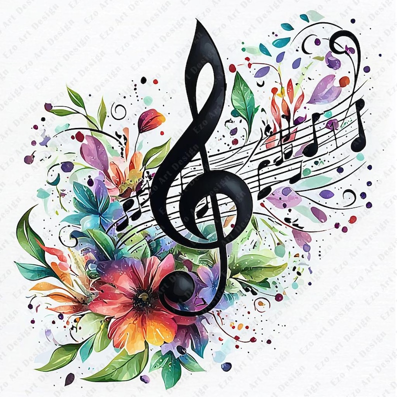 Floral Music Note Clipart, 10 High Quality JPG, Melody Symbol, Musical ...