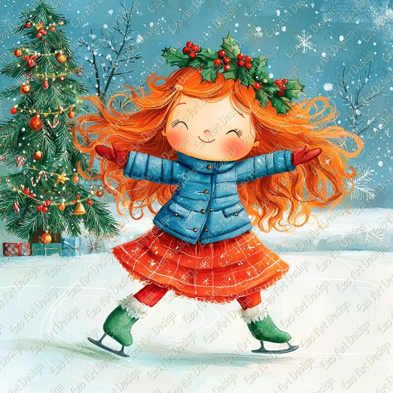 Christmas Skating Girl Clipart, Winter Pine Tree Art (digital Download ...