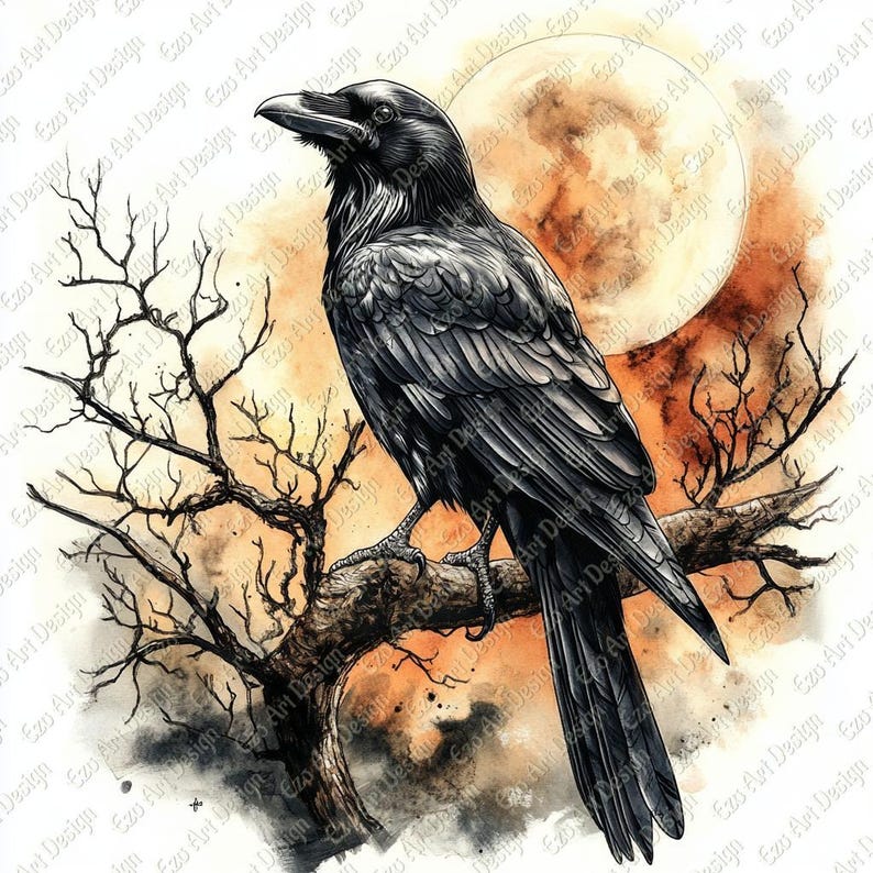 Raven Moon Clipart, Spooky Halloween Night Scene, Mystical AI Artwork ...
