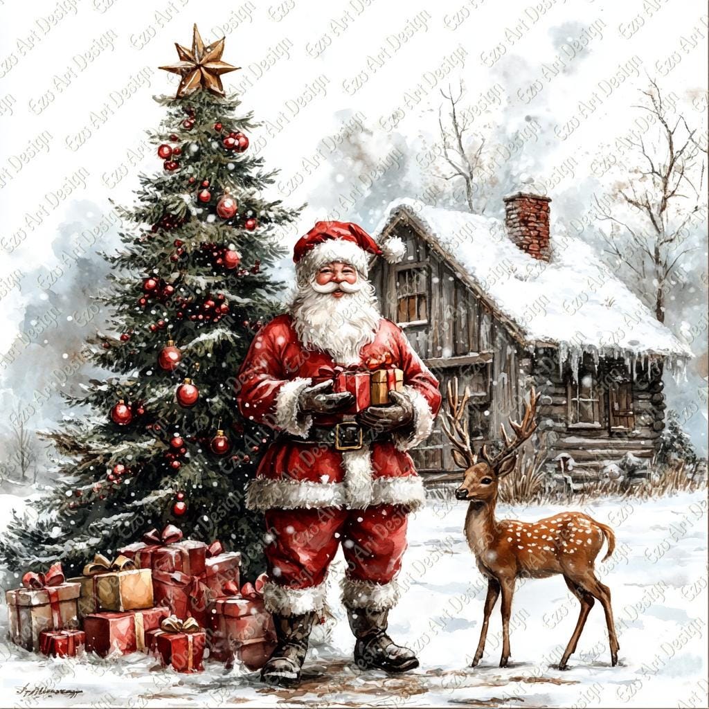 Santa and Reindeer Christmas Clipart, AI Enhanced JPG (digital Download ...
