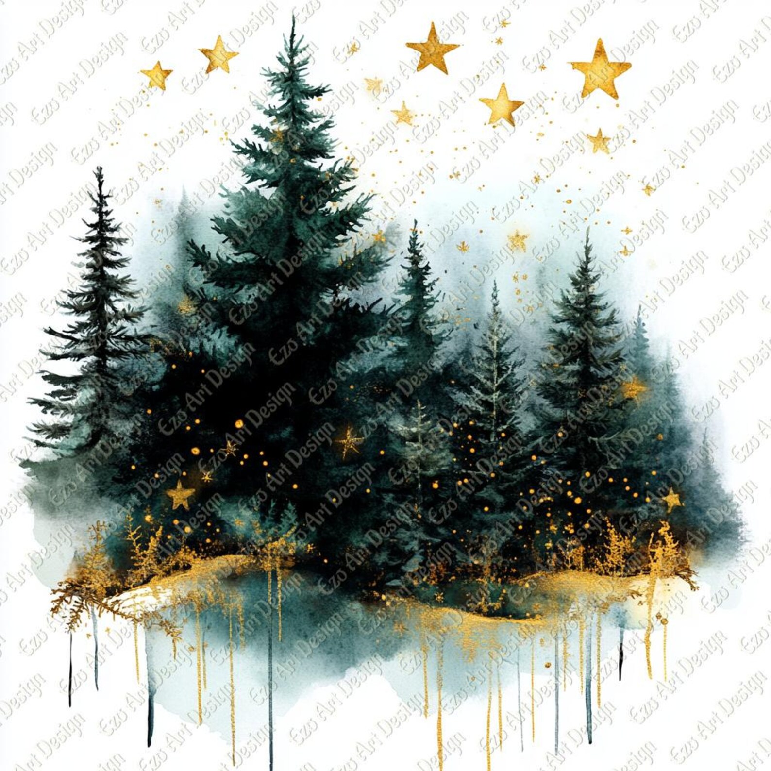 Christmas Pine Forest Clipart, Whimsical Trees JPG (digital Download ...