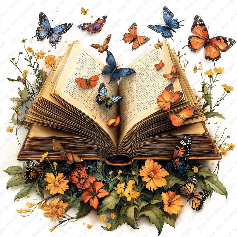 Floral Book Clipart, 10 High Quality JPG, Butterfly Book, Wildflowers ...