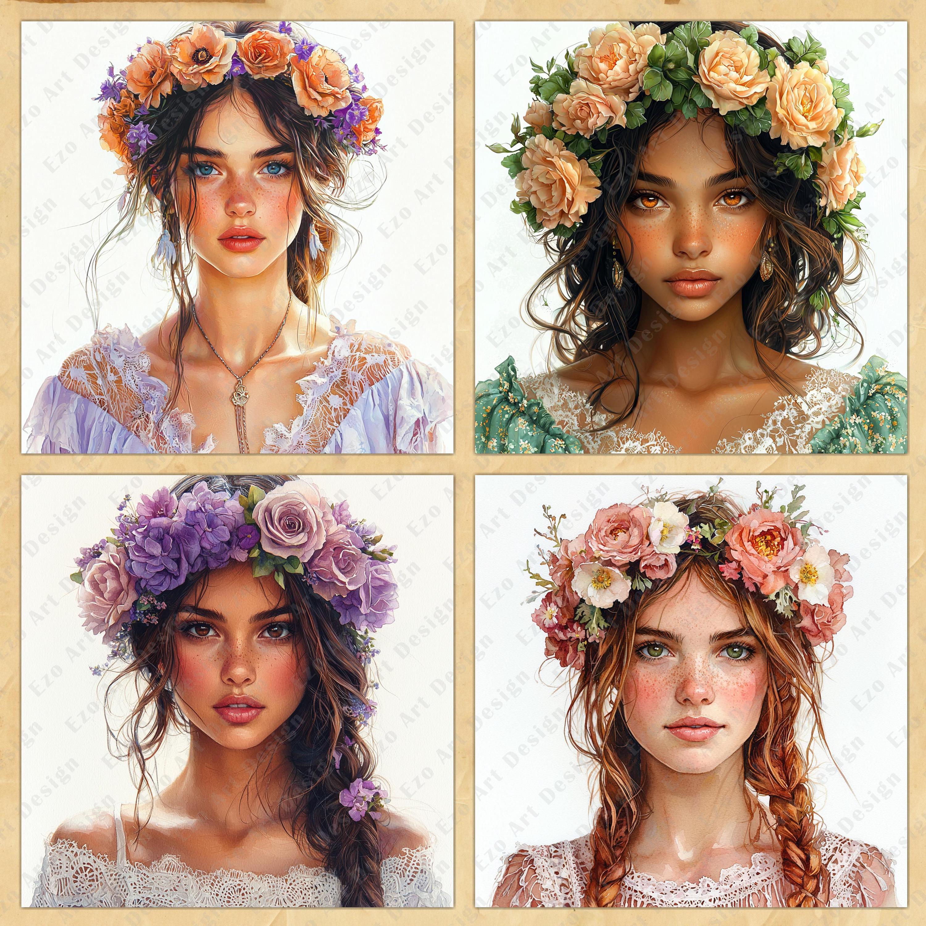 Boho Woman Clipart, Floral Crown Portrait (digital Download) - Etsy
