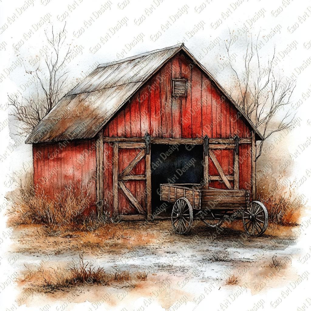 Farmhouse Wall Art, Rustic Barn Clipart Printable, Country Landscape ...