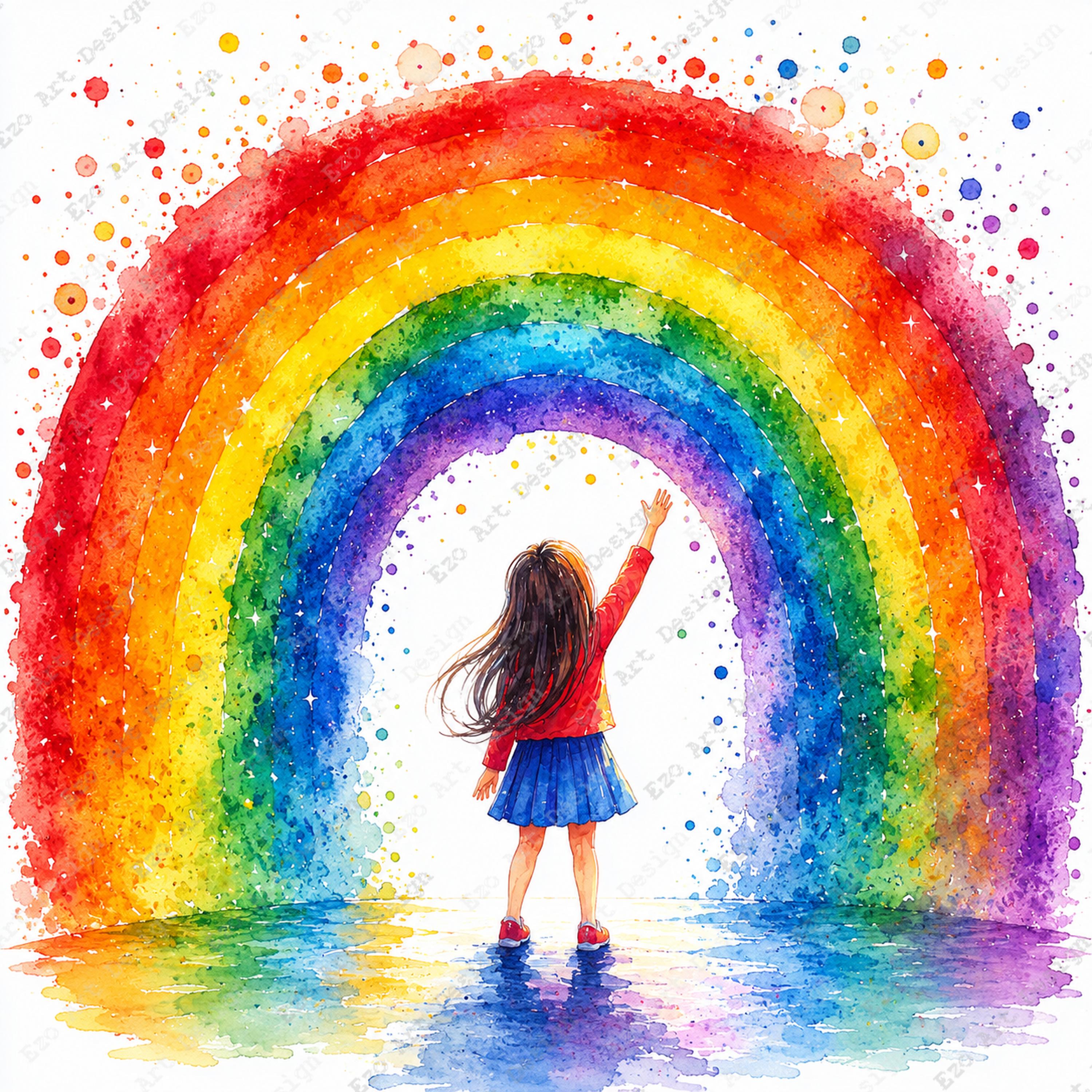 Rainbow Girl Clipart, Watercolor Child Rainbow Design, Colorful Kids ...