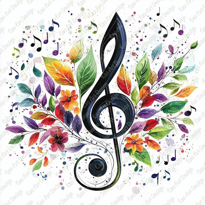 Floral Music Note Clipart, 10 High Quality JPG, Melody Symbol, Musical ...