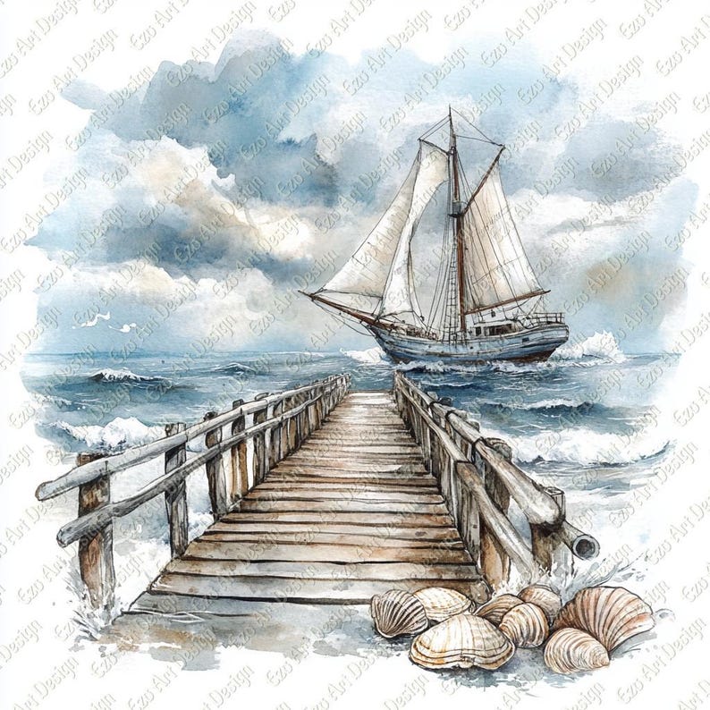 Watercolor Sea Pier Clipart, 10 High Quality JPG, Ocean Pier, Sailing ...