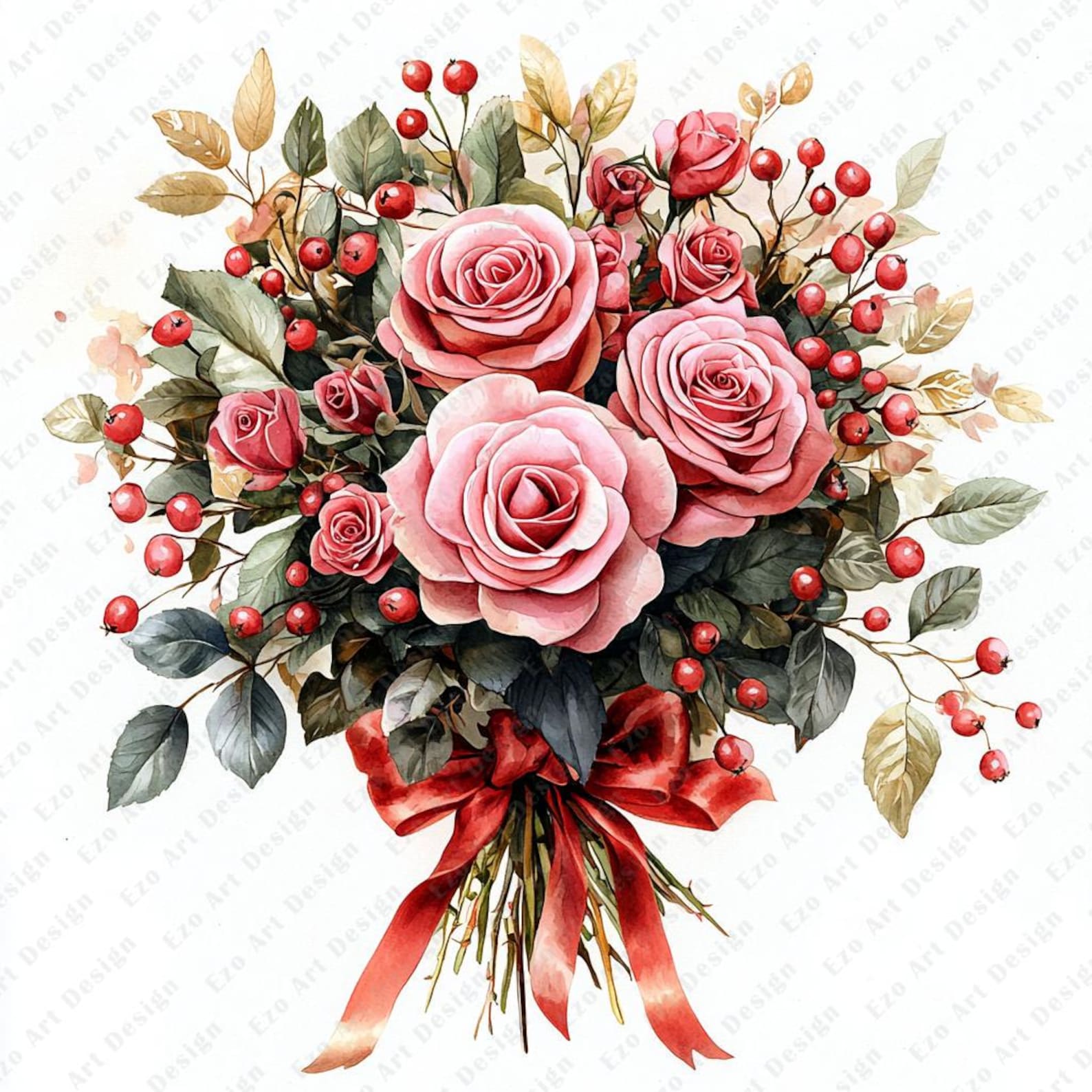 Rose Bouquet Clipart, 10 High Quality JPG, Bridal Bouquet, Red Roses ...