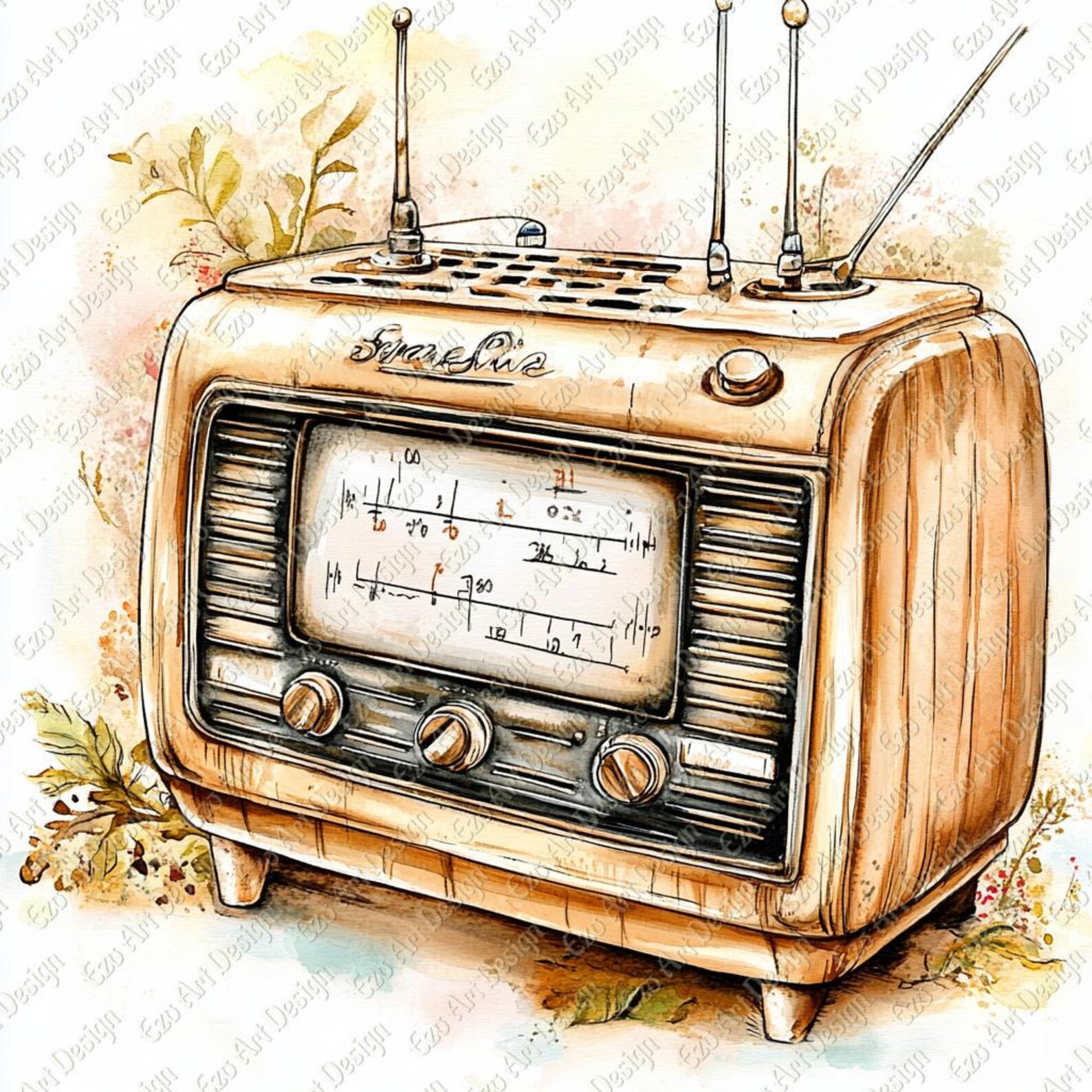 Watercolor Vintage Radio Clipart, 10 High Quality JPG, Vintage ...