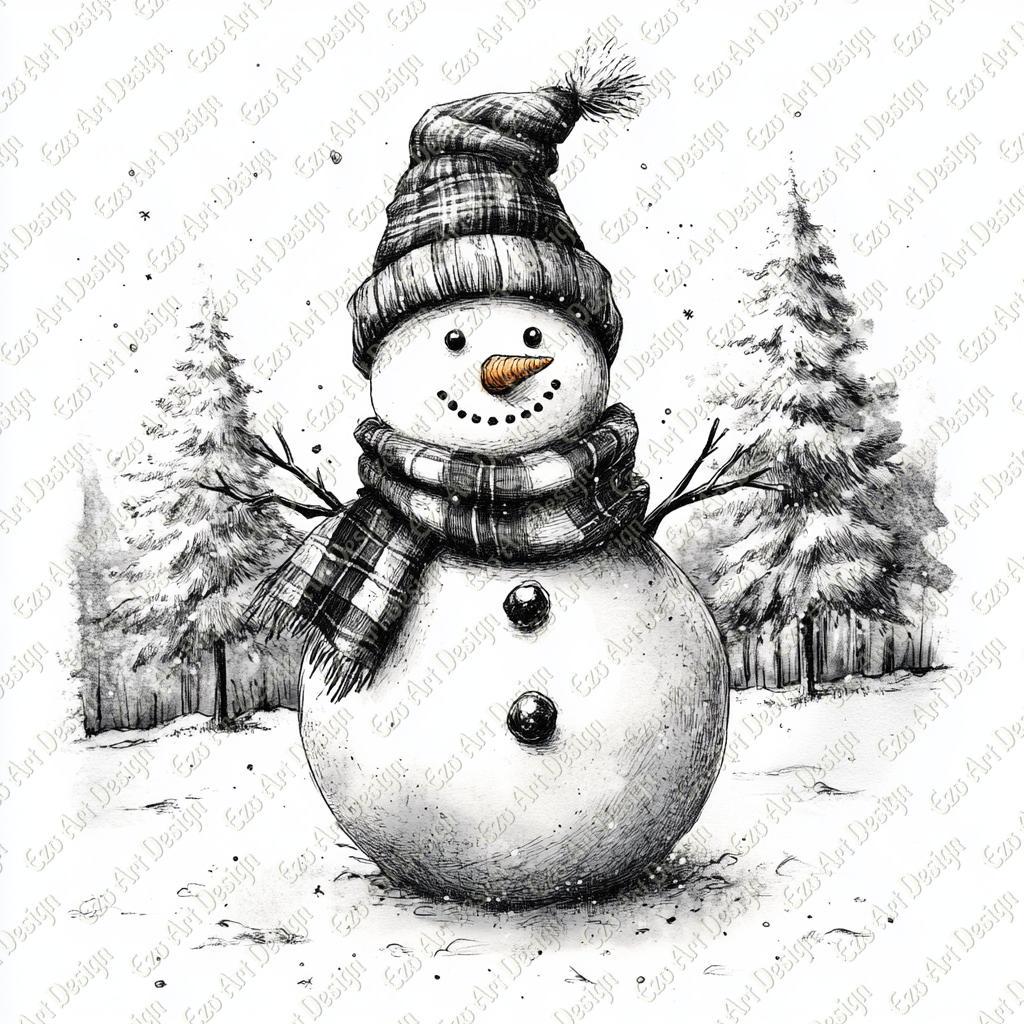 Sketch Snowman Clipart, Xmas Tree, Forest Scene (digital Download ...