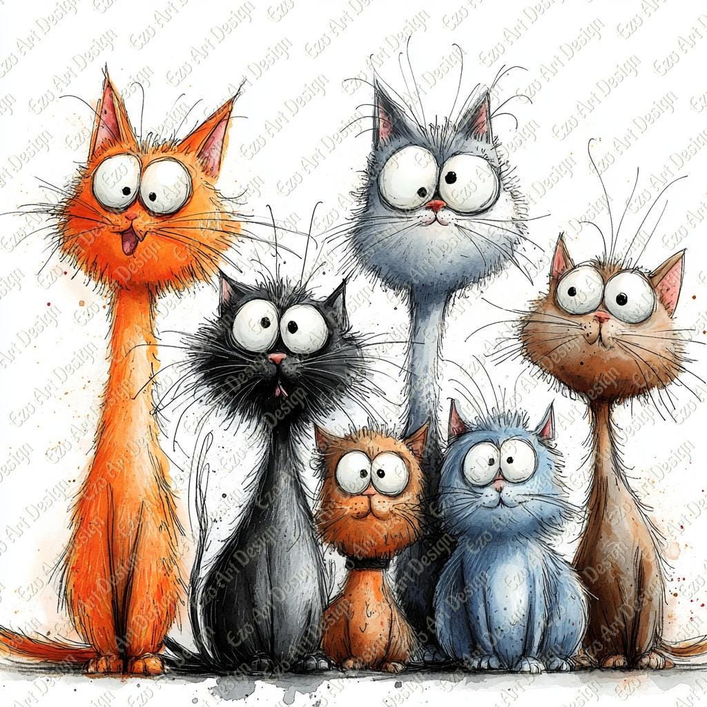 Cute Cat Squad Clipart, 10 High Quality JPG, Big Eyes Cats, Happy Cat ...