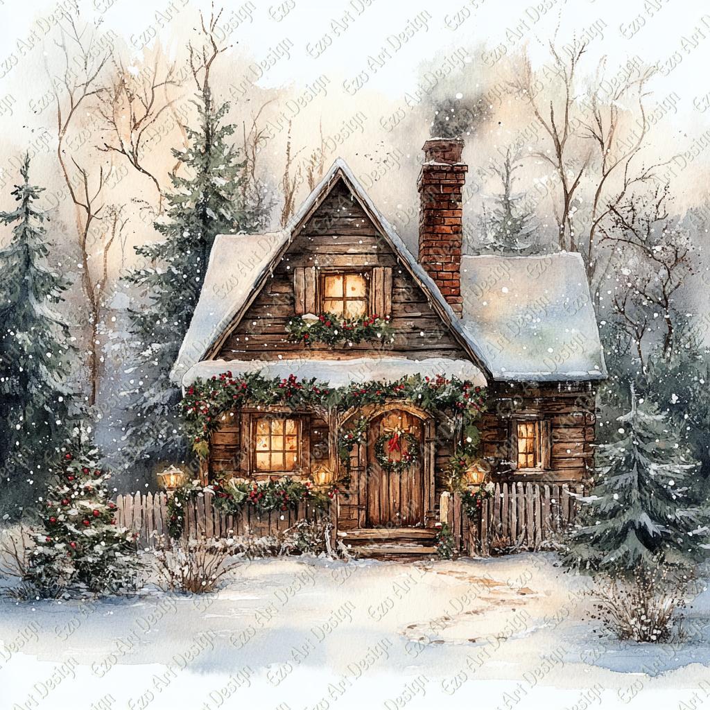 Winter Cabin Landscape Clipart, Snowy House JPG (digital Download) - Etsy