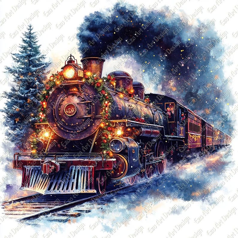 Vintage Christmas Train Clipart, Festive Holiday Art (digital Download ...
