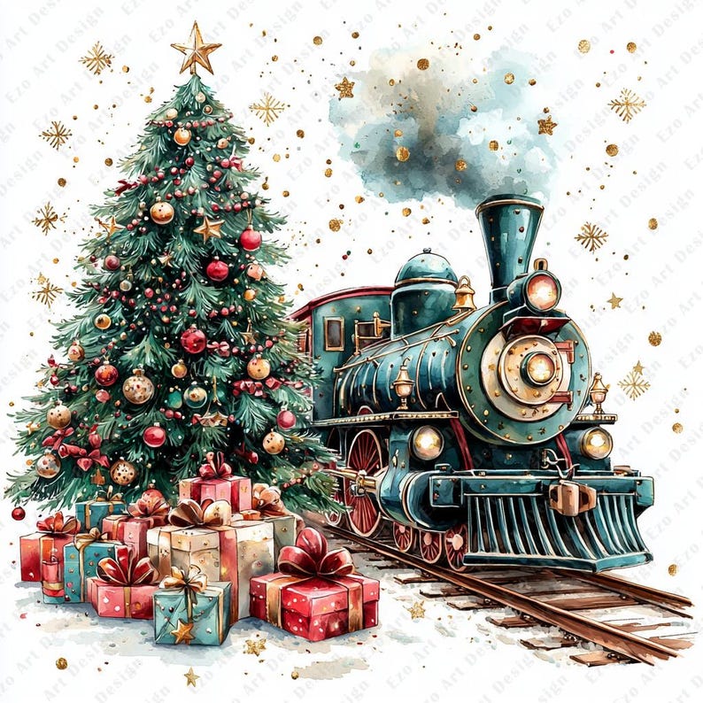 Elegant Christmas Train Clipart, 10 High Quality JPG, Train, Christmas ...
