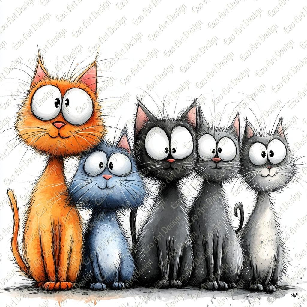 Cute Cat Squad Clipart, 10 High Quality JPG, Big Eyes Cats, Happy Cat ...